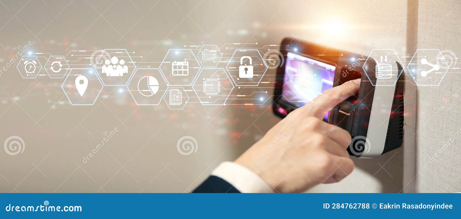 Proximity Card Door Unlock, Hand Security Man Using Fingerprint Scan On ...