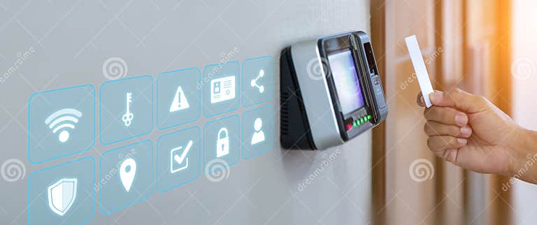Proximity Card Door Unlock, Hand Security Man Using Fingerprint Scan on ...