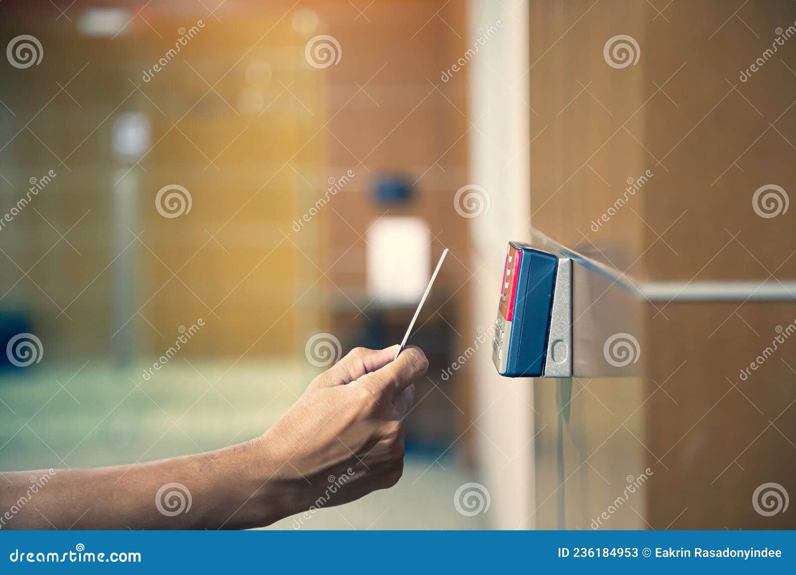 Close Up Hand Security Man Using ID Card Scanning at the Access Control ...