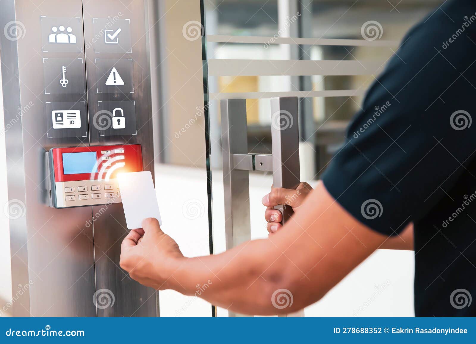 Proximity Card Reader Door Unlock, Hand Security Man Using ID Card on ...