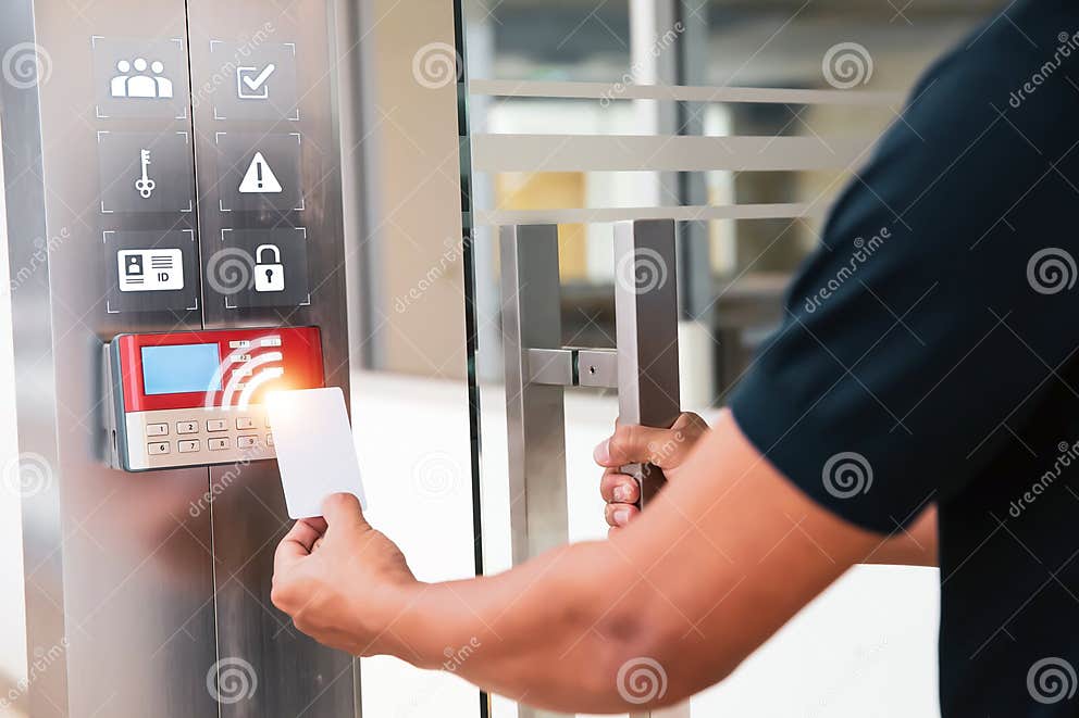 Proximity Card Reader Door Unlock, Hand Security Man Using ID Card on ...