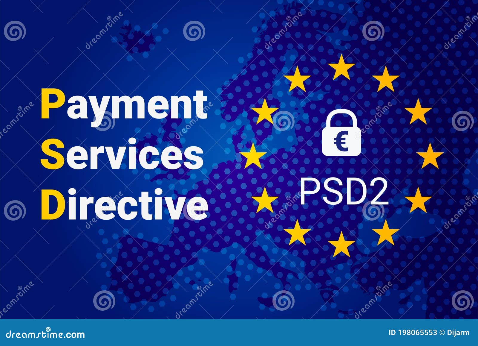 PSD2 - Payment Services Directive. Vector EU Flag and Map Stock ...