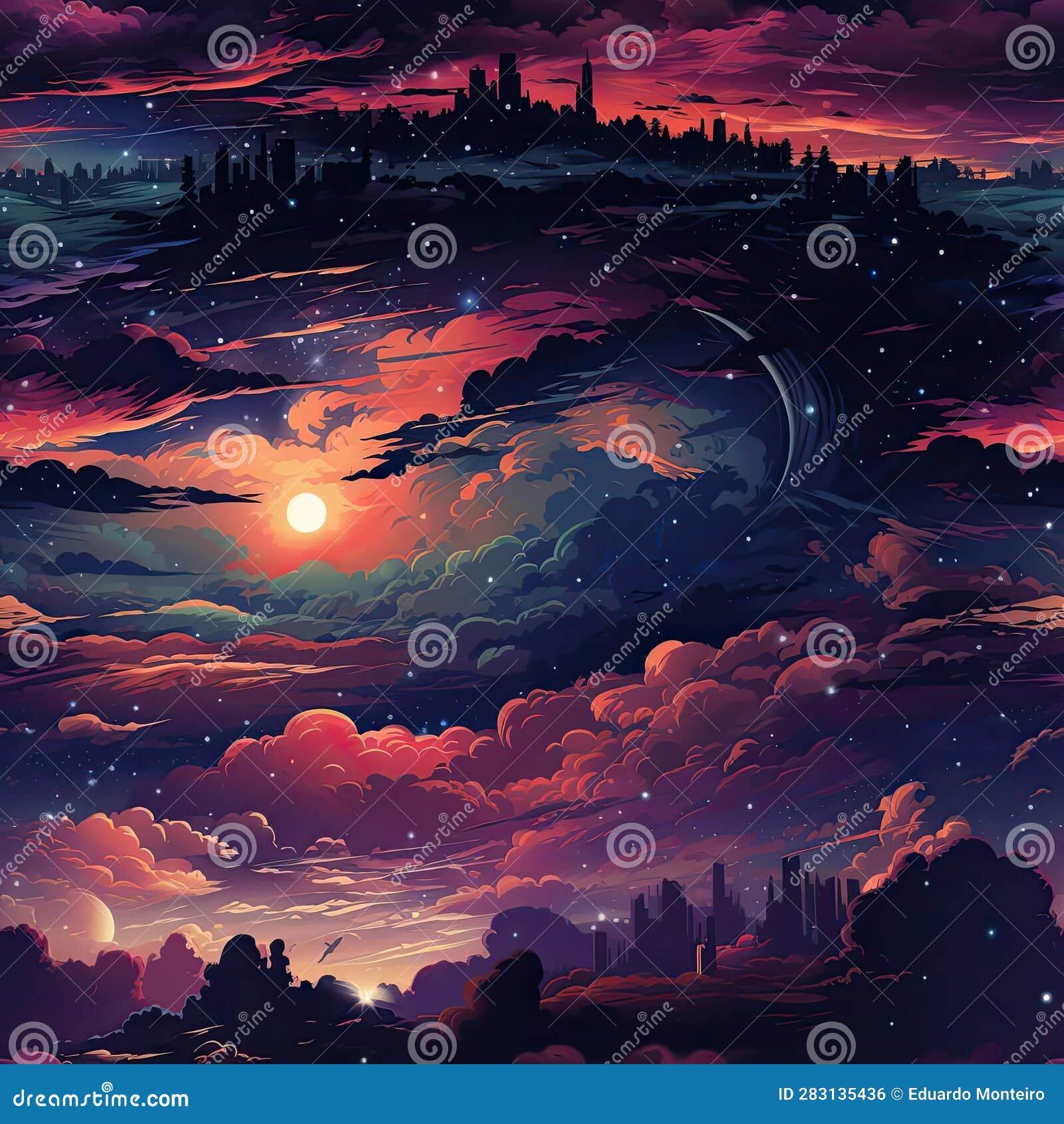 Psychedelic Artwork of Town Over Clouds in Vibrant Colors (tiled Stock ...