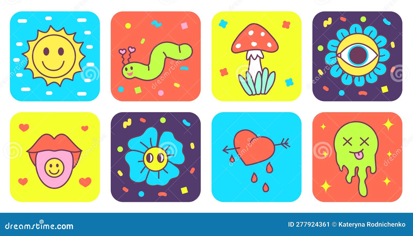 Psychedelic Bright Characters. Square Posters with Characters Stock ...