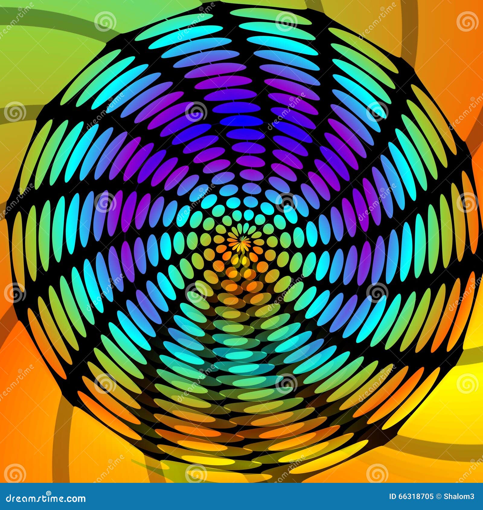 Psychedelic Circle Swirly Shape, Black Drawing with Rainbow Rounded ...