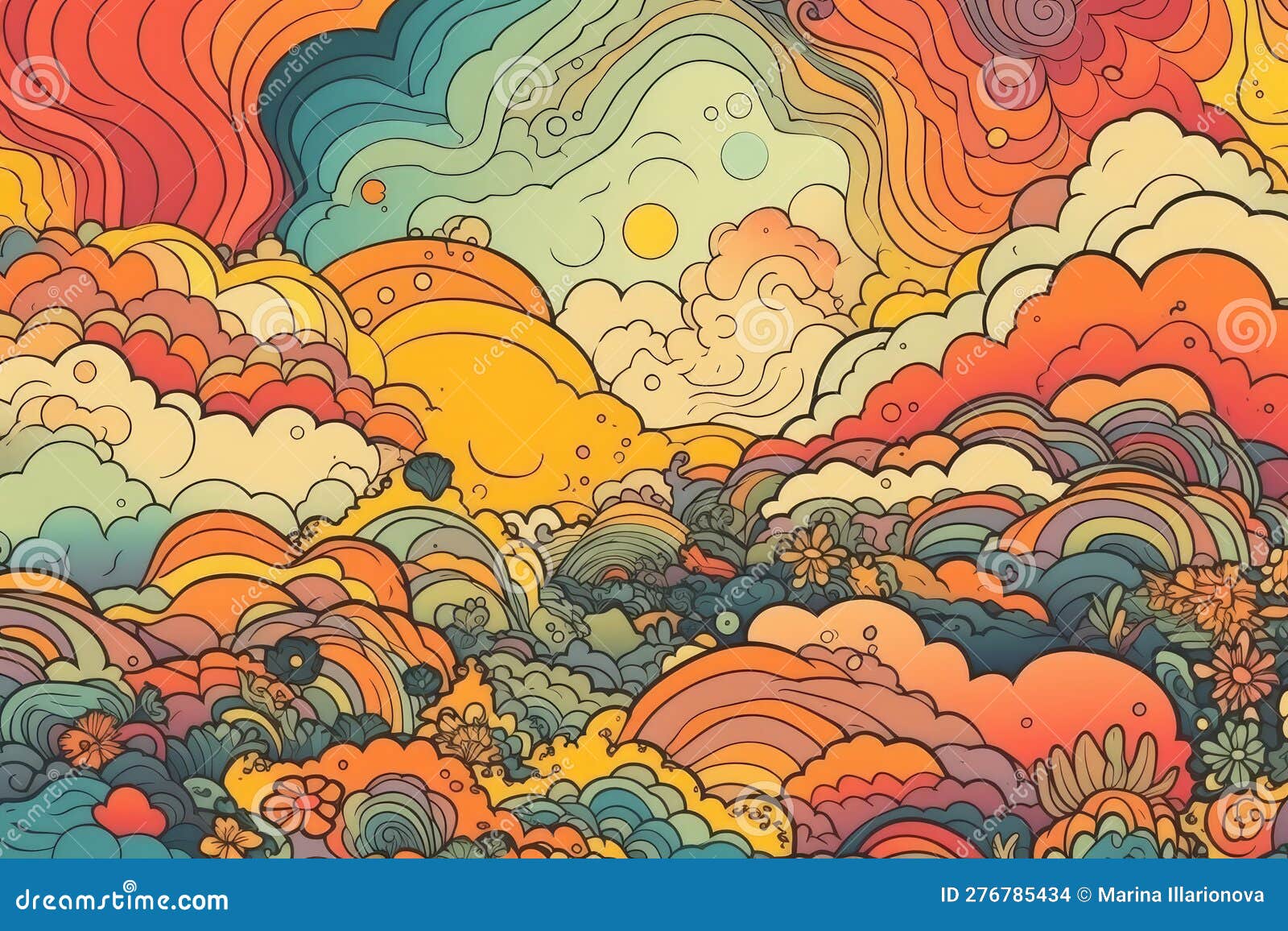 Psychedelic Colorful Bright Sky Colored Clouds and Flowers in Style of ...