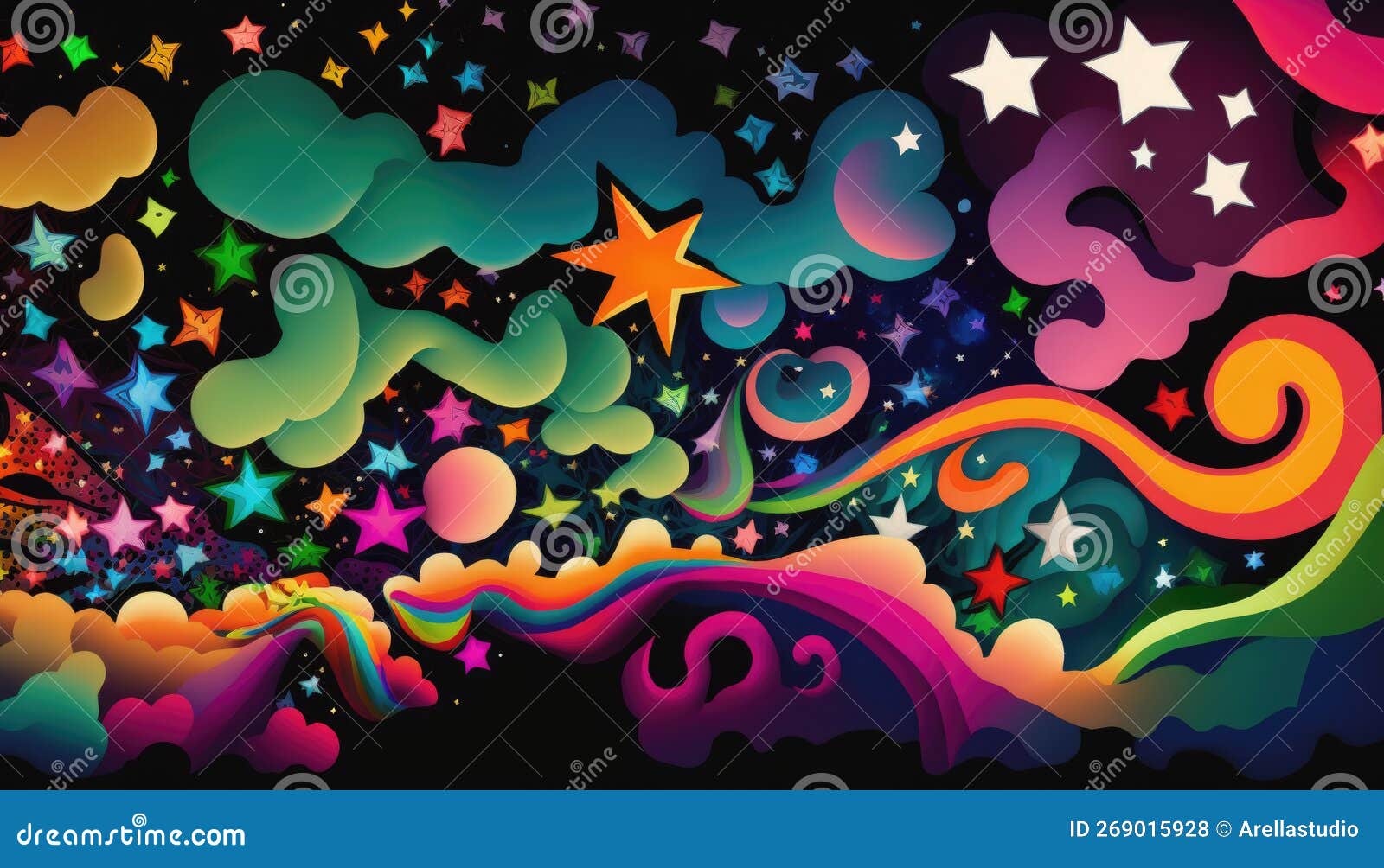 Psychedelic and Colorful Stars and Clouds in the Sky Pattern Stock ...