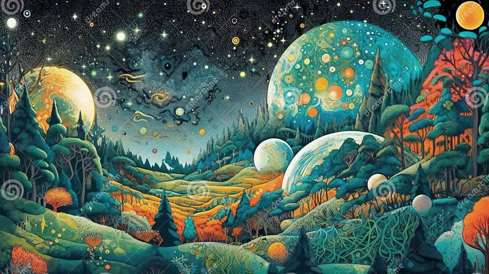 The Psychedelic Cosmos of Nature Stock Illustration - Illustration of ...