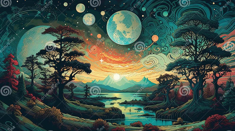 The Psychedelic Cosmos of Nature Stock Illustration - Illustration of ...