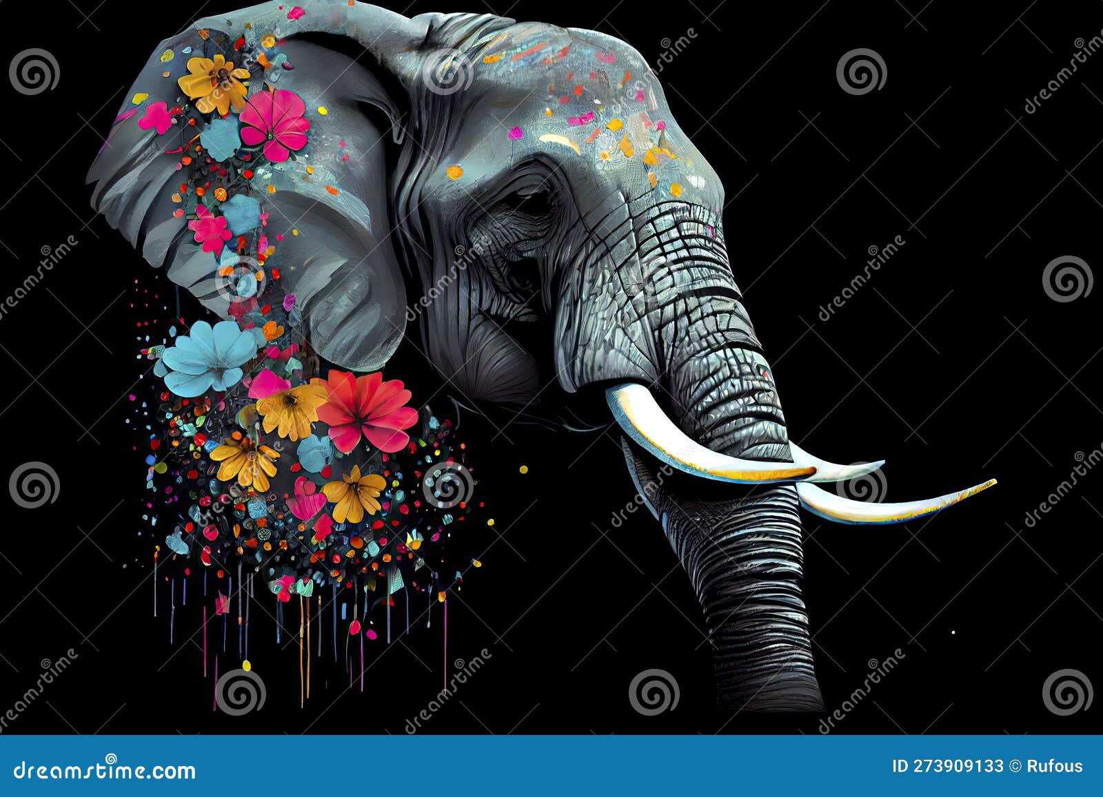 Psychedelic Elephant Head and Large, Wrapped in Flowers Stock ...
