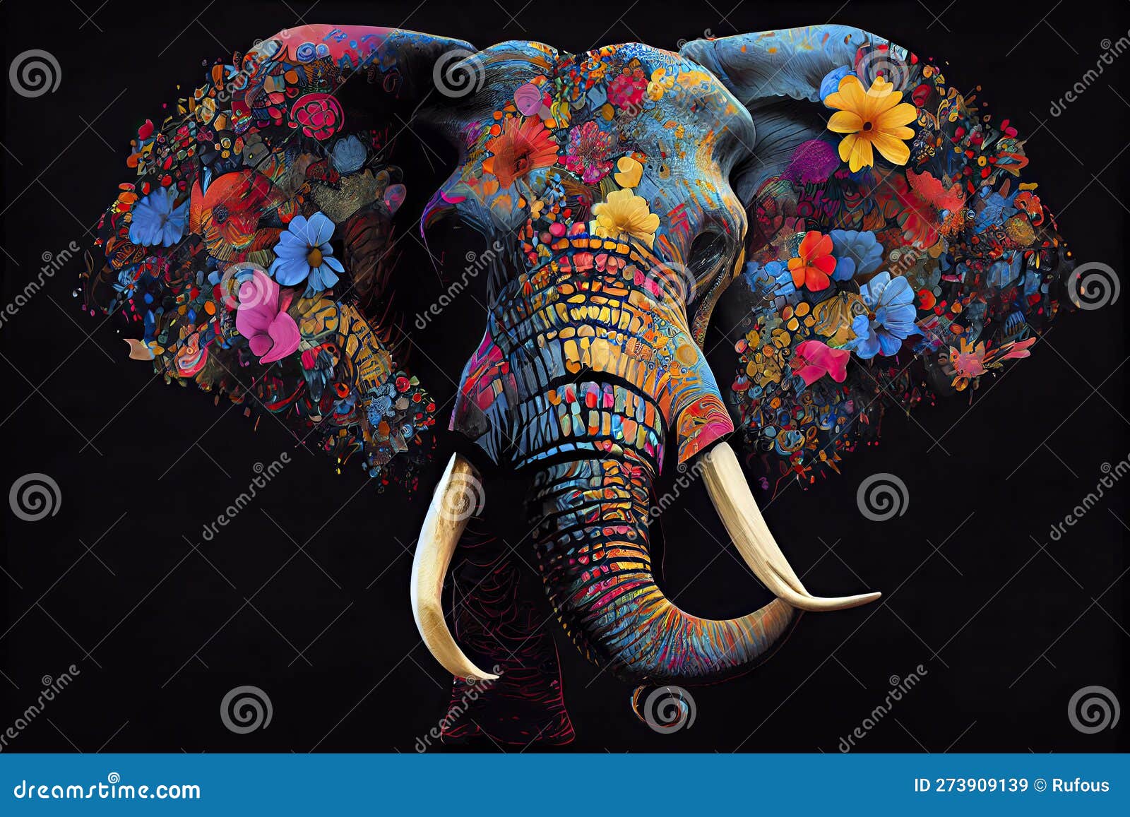 Psychedelic Elephant Head and Large, Wrapped in Flowers Stock ...