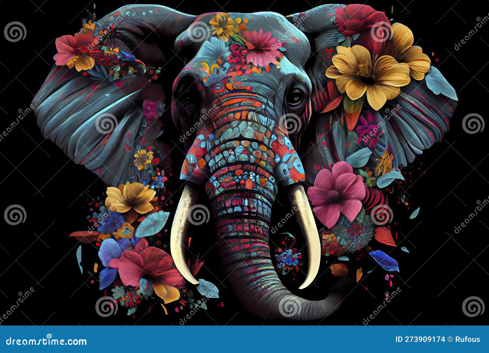 Psychedelic Elephant Head and Large, Wrapped in Flowers Stock ...