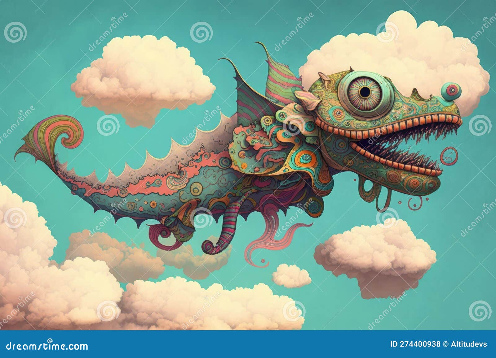 Psychedelic Flying Creature Walking in Air among Clouds Stock ...
