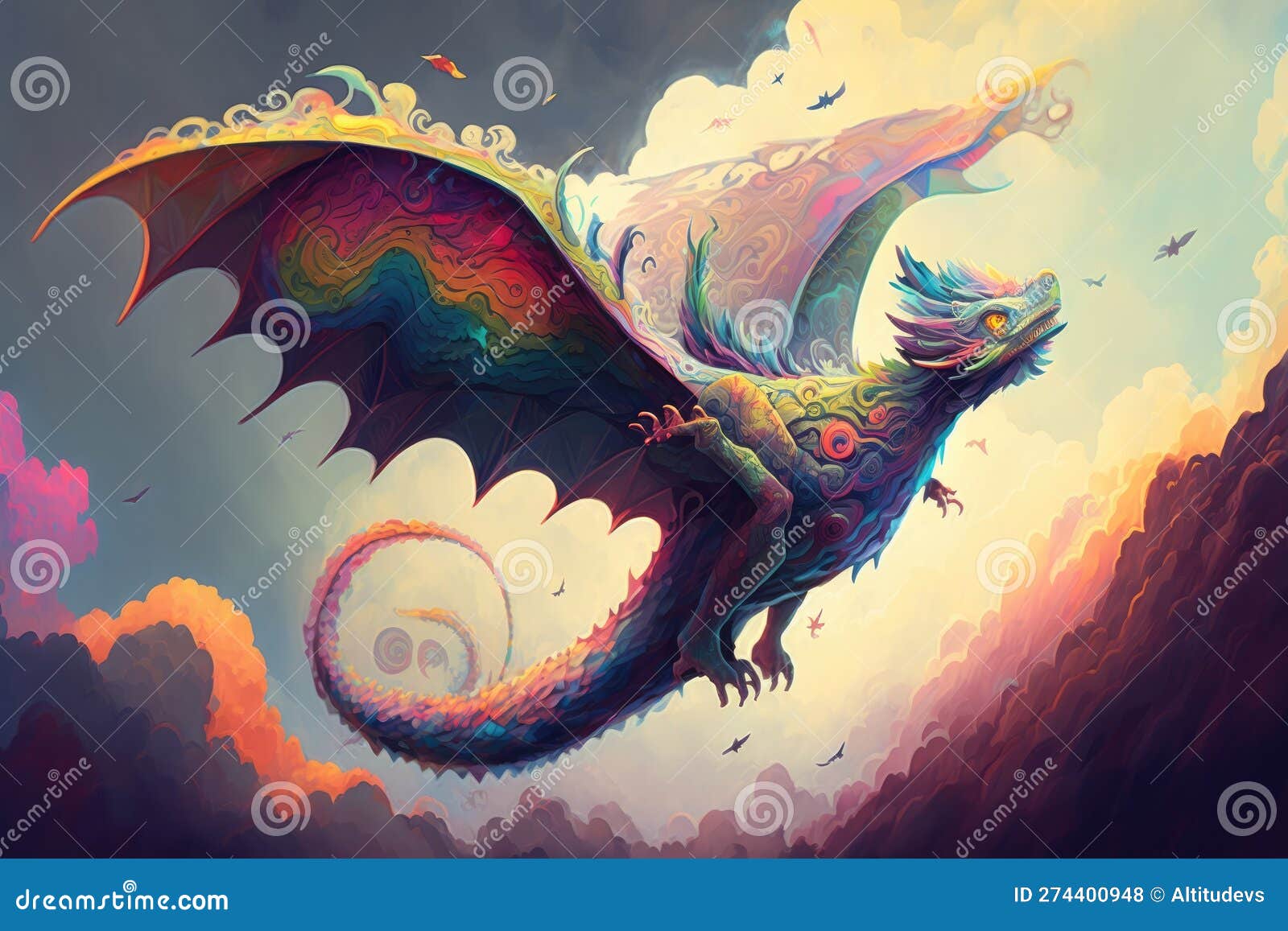 Psychedelic Flying Creature Walking in Air among Clouds Stock ...