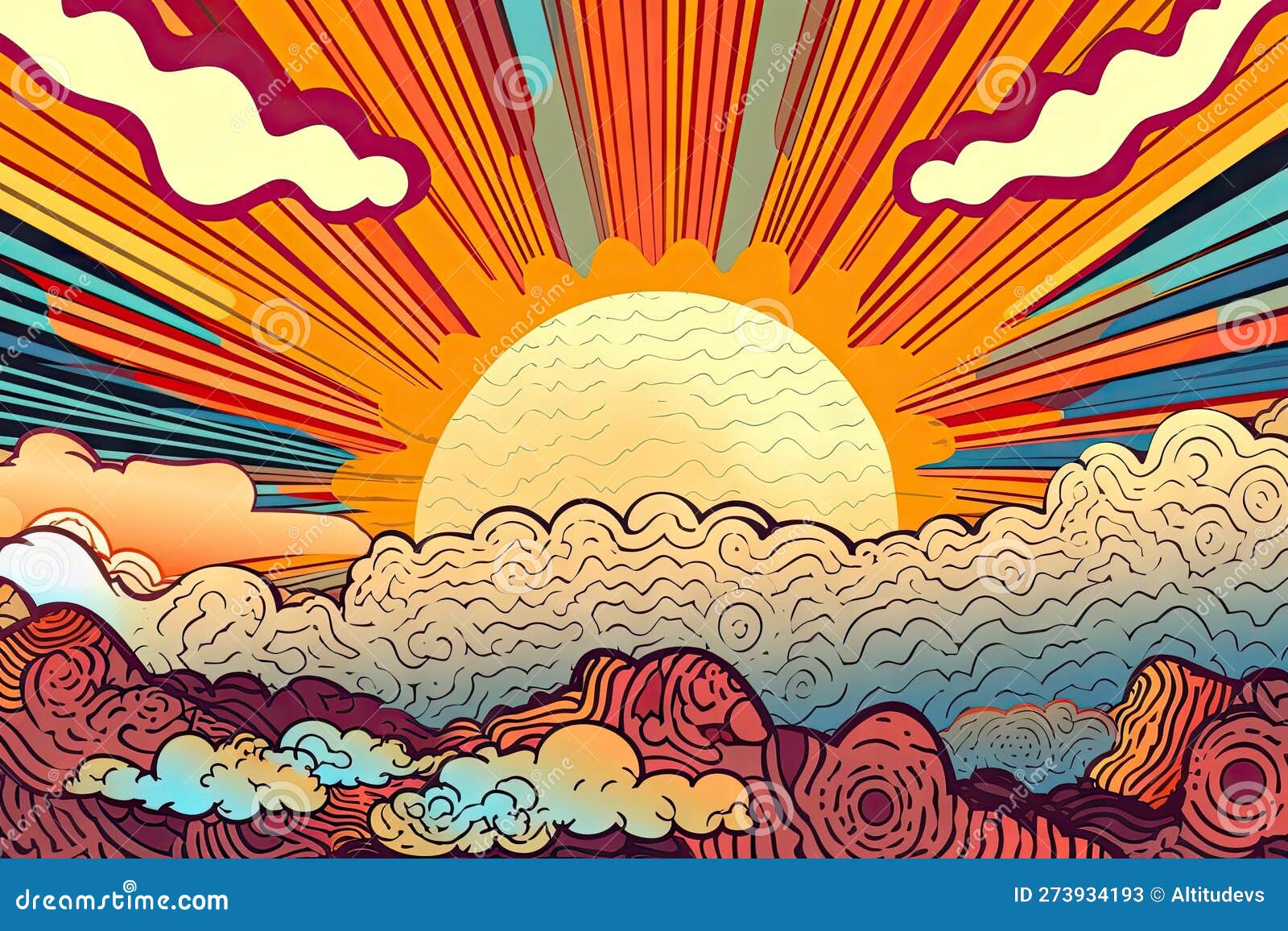 Psychedelic Illustration of Clouds and Sky with Rays of Sunlight Stock Illustration ...
