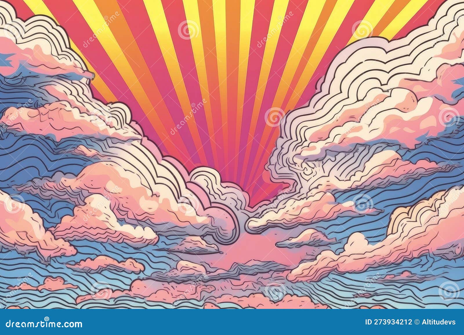 Psychedelic Illustration of Clouds and Sky with Rays of Sunlight Stock ...
