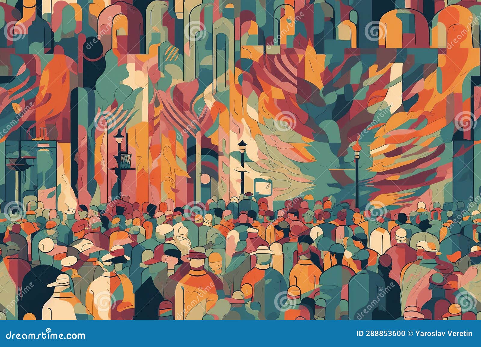Psychedelic Illustration with a Crowd in a Gothic or Psychedelic City ...