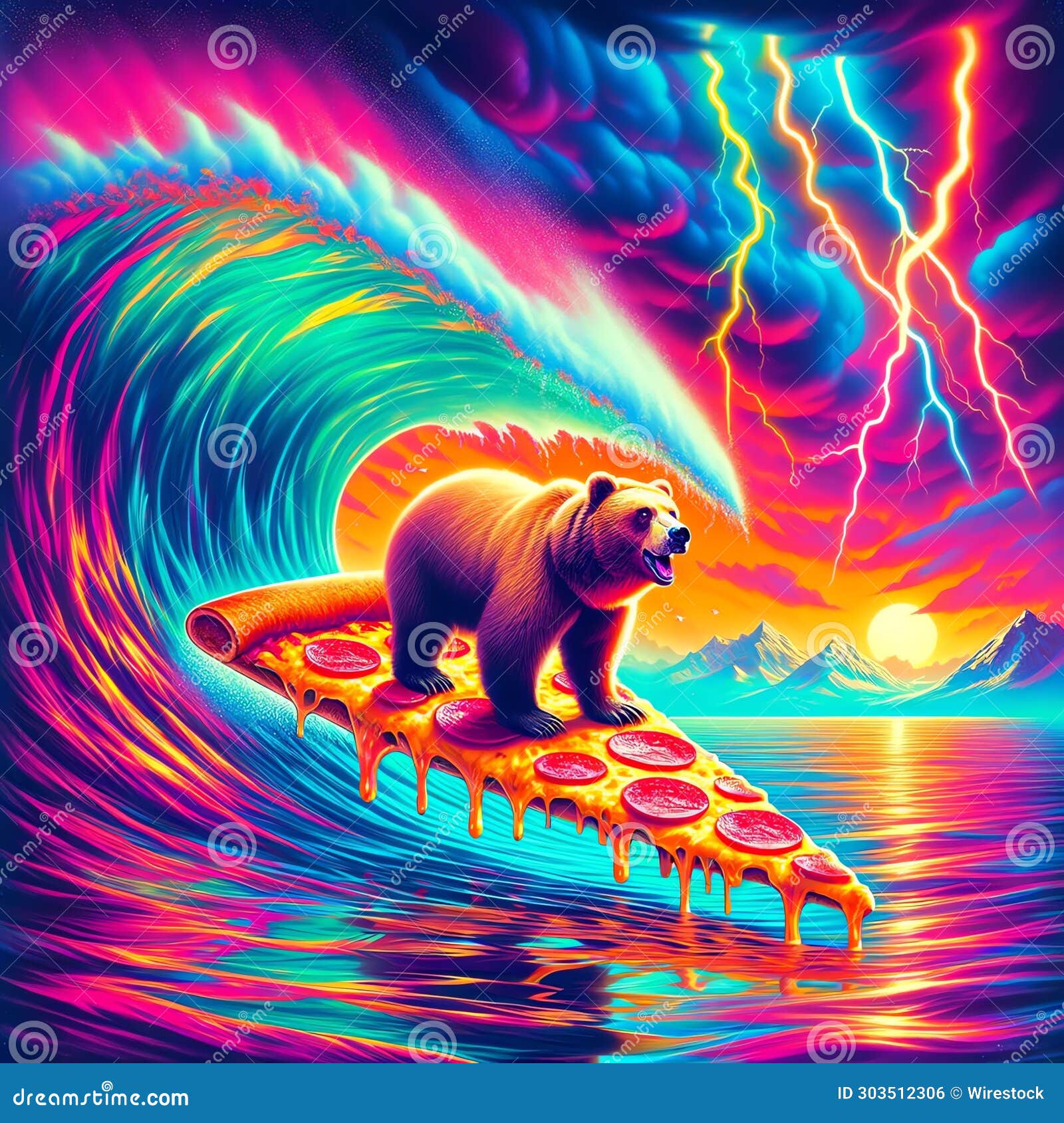 A Psychedelic Image Featuring a Bear Surfing on a Giant Slice of Pizza ...