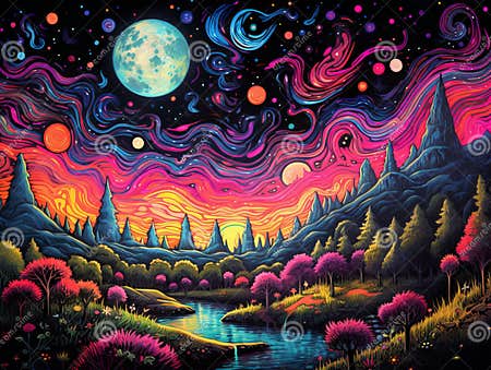 Psychedelic landscape stock photo. Image of moonlight - 289926352