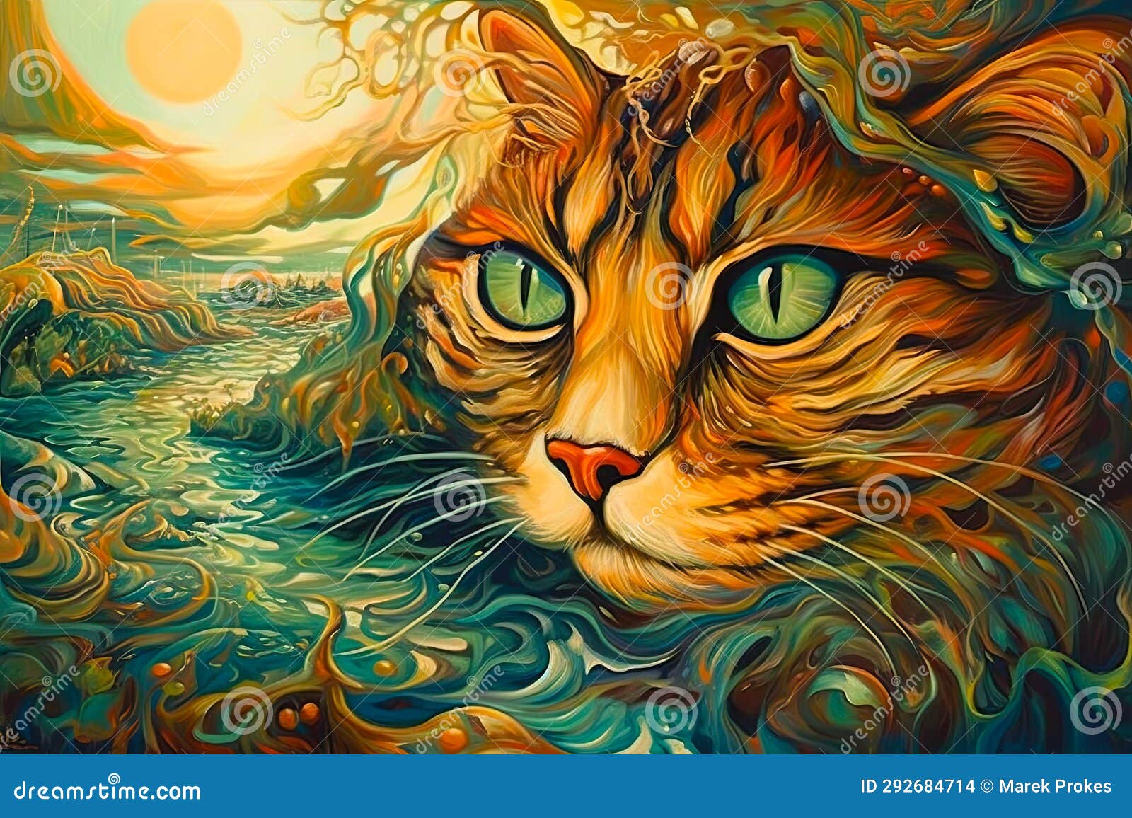 Psychedelic Landscape with a Cat. Generative Ai Stock Illustration ...