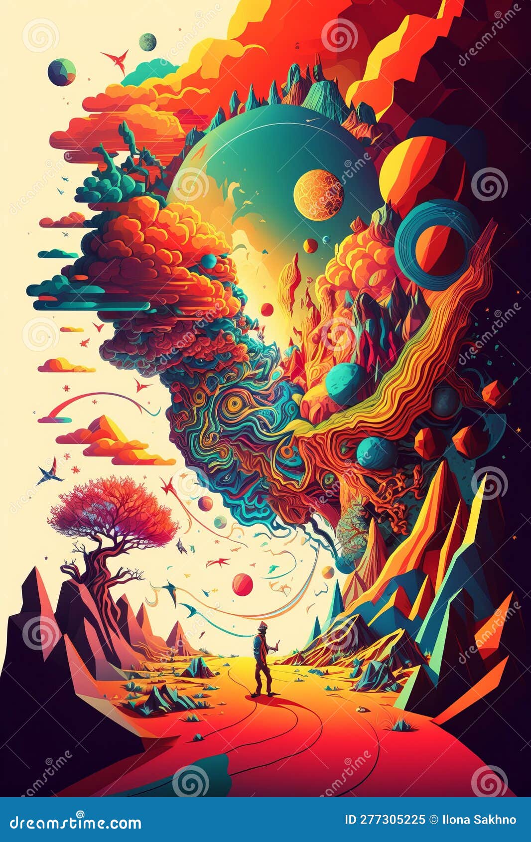 Psychedelic Landscape in with Mountains, Sun and a Road Going into the ...