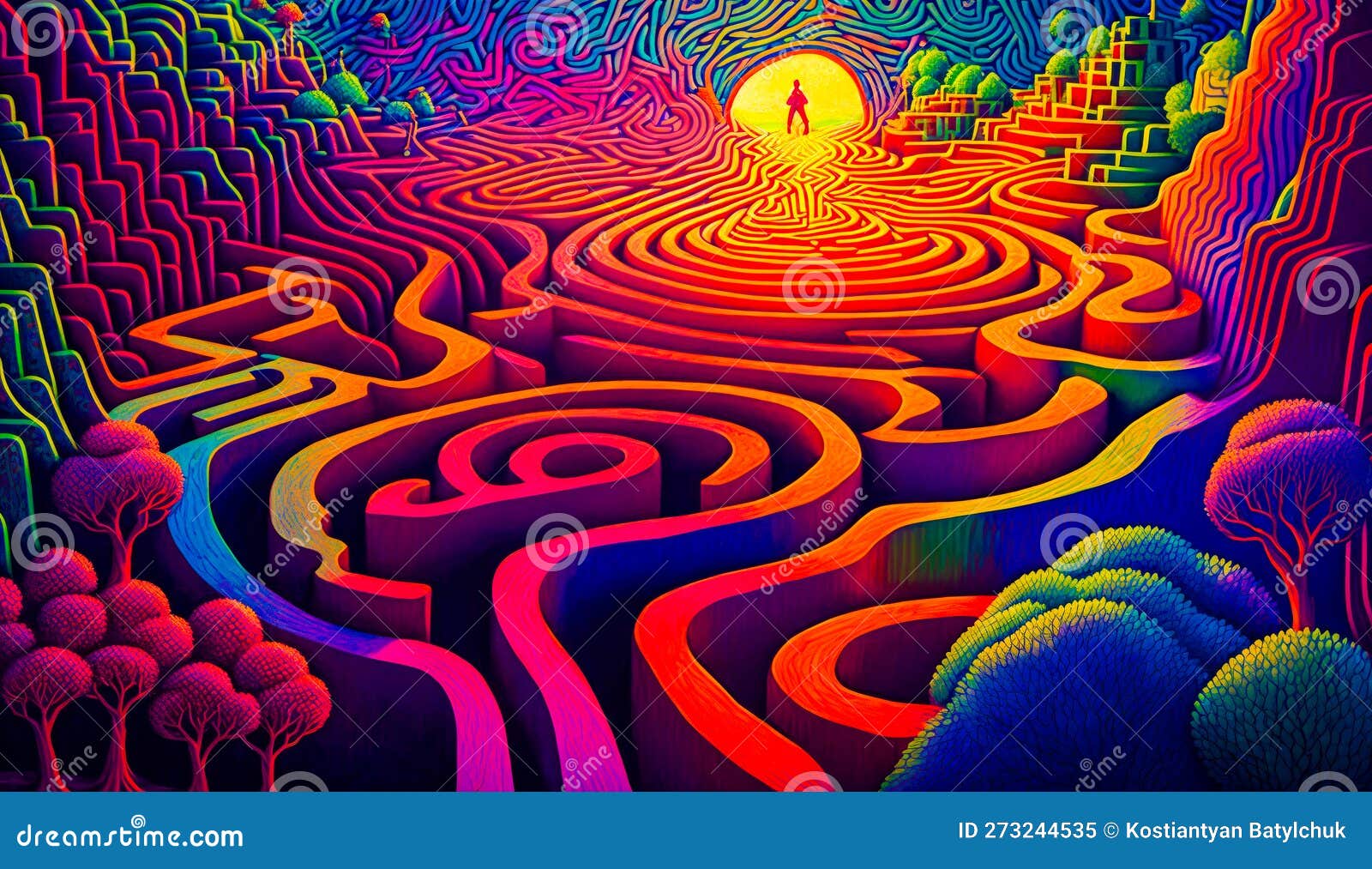 Psychedelic Maze with Trees and Mountains in the Background. Generative ...