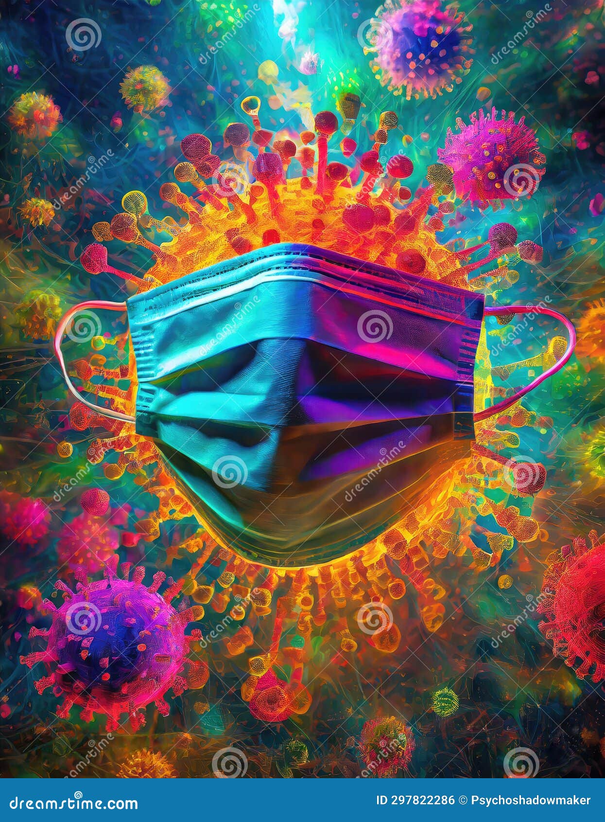 Psychedelic Microworld Scene of Virus Cells Wearing Protective Mask As ...