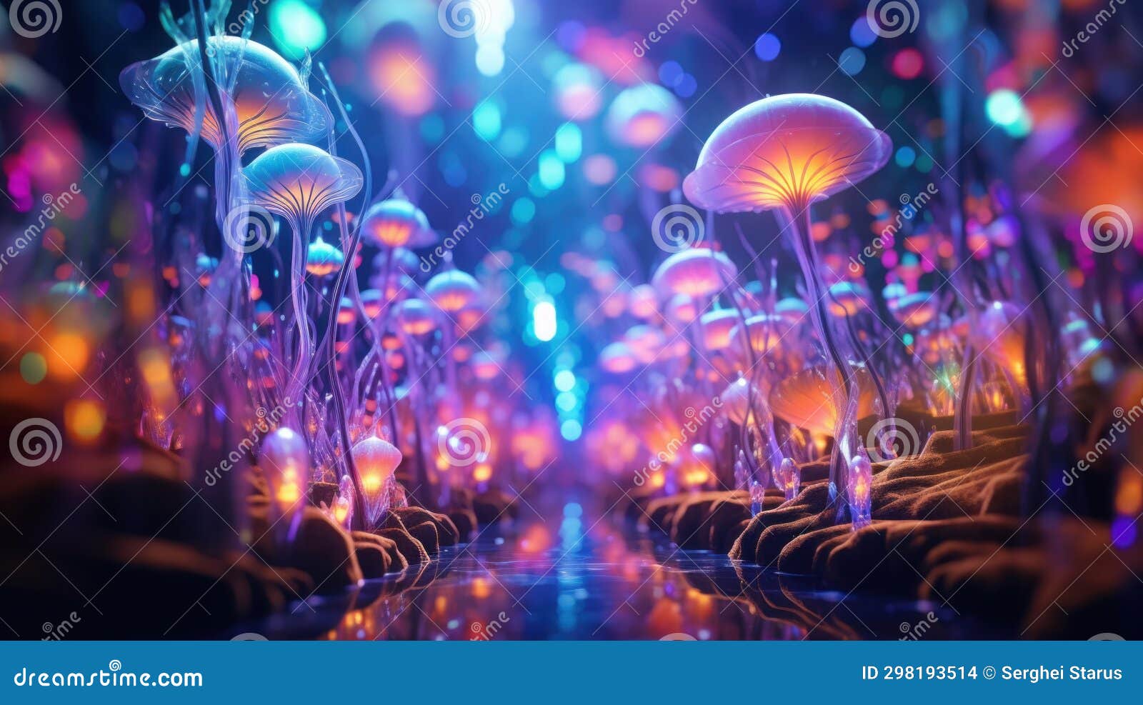 A Psychedelic Mushroom Field with Colorful Lights, AI Stock Photo ...