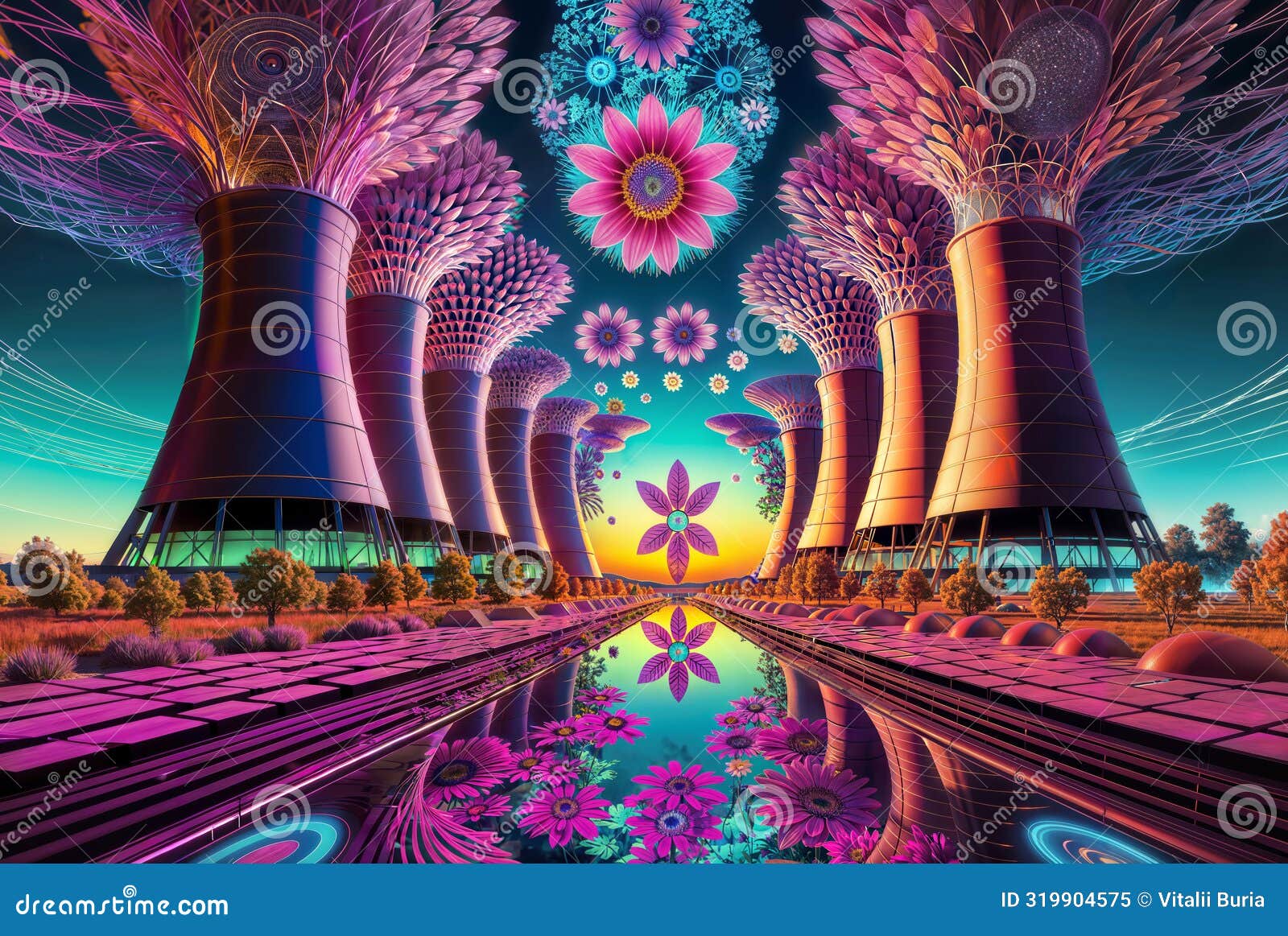Mystical Nuclear Plant with Flowery Organic Cooling Towers Artwork ...
