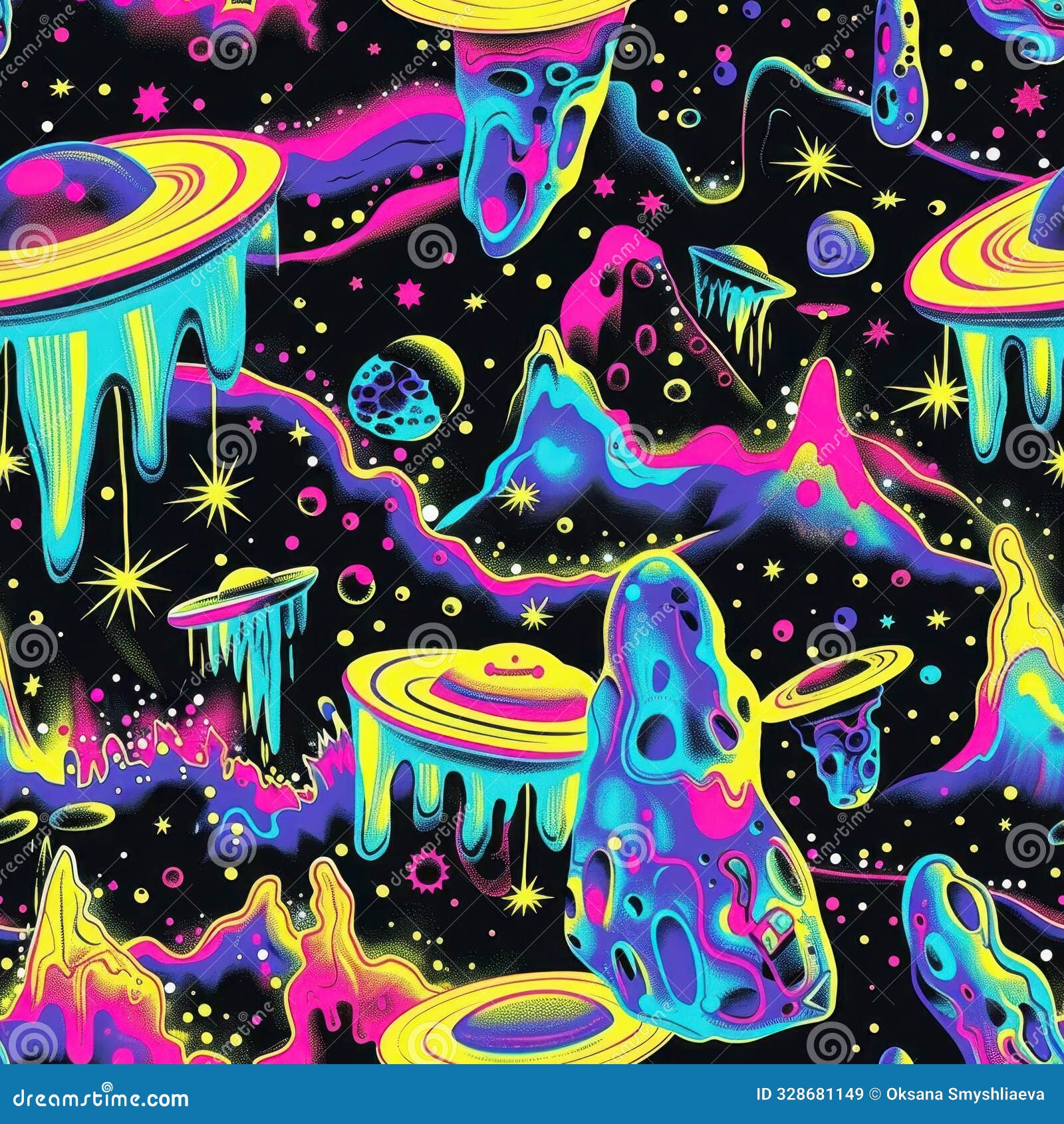 Psychedelic Neon Space Landscape with Mountains and Planets Stock Image ...