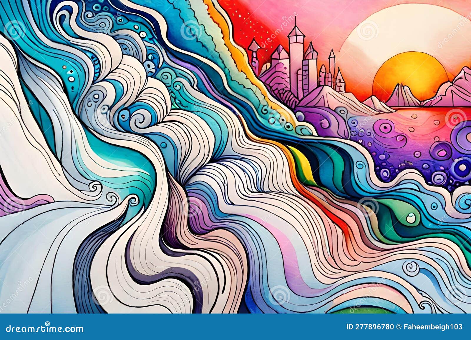 Psychedelic Ocean Waves With Small Castle. Ai Generated Stock Photo ...