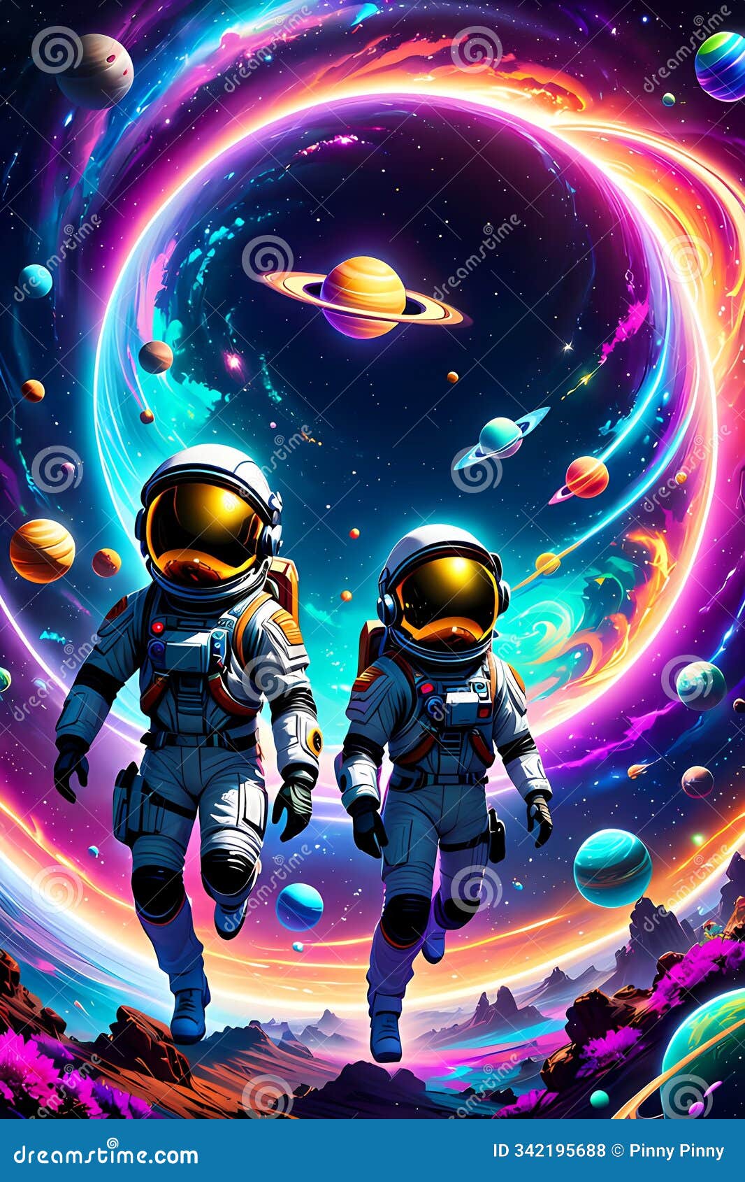 A Psychedelic Outer Space, with Swirling Neon Galaxies, Planets ...