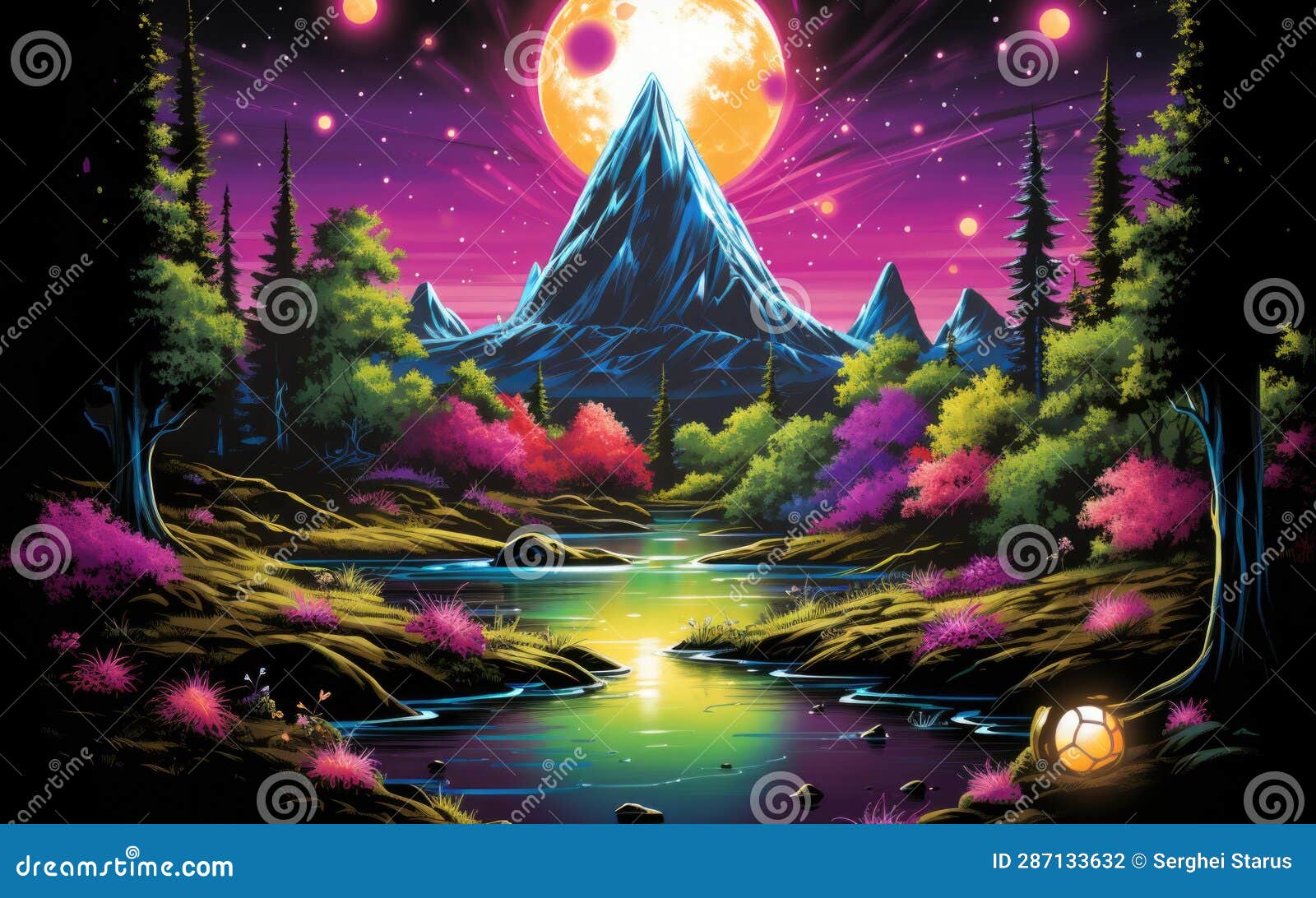 A Psychedelic Painting of a Mountain and River. Generative AI Image ...