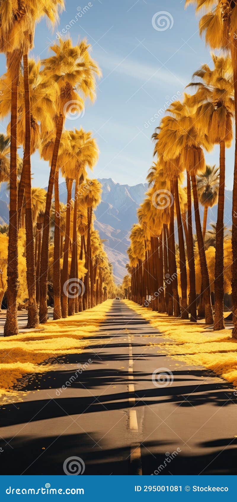 Psychedelic Palm Tree Road with Mountain Backdrop Stock Illustration ...