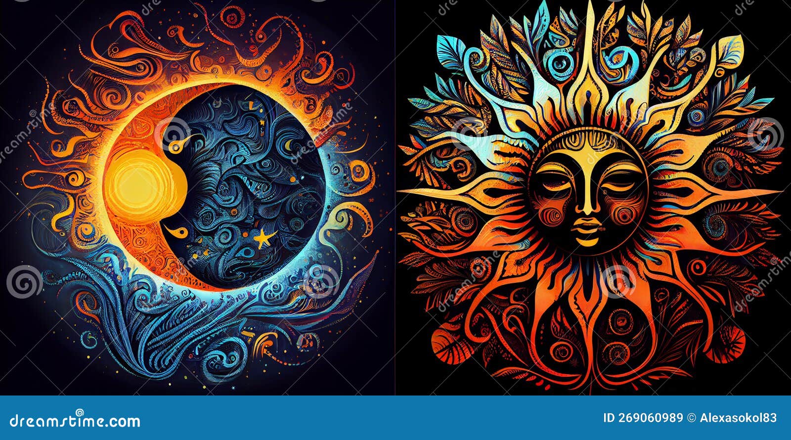 Psychedelic Patterns Featuring Sun and Moon Stock Illustration ...