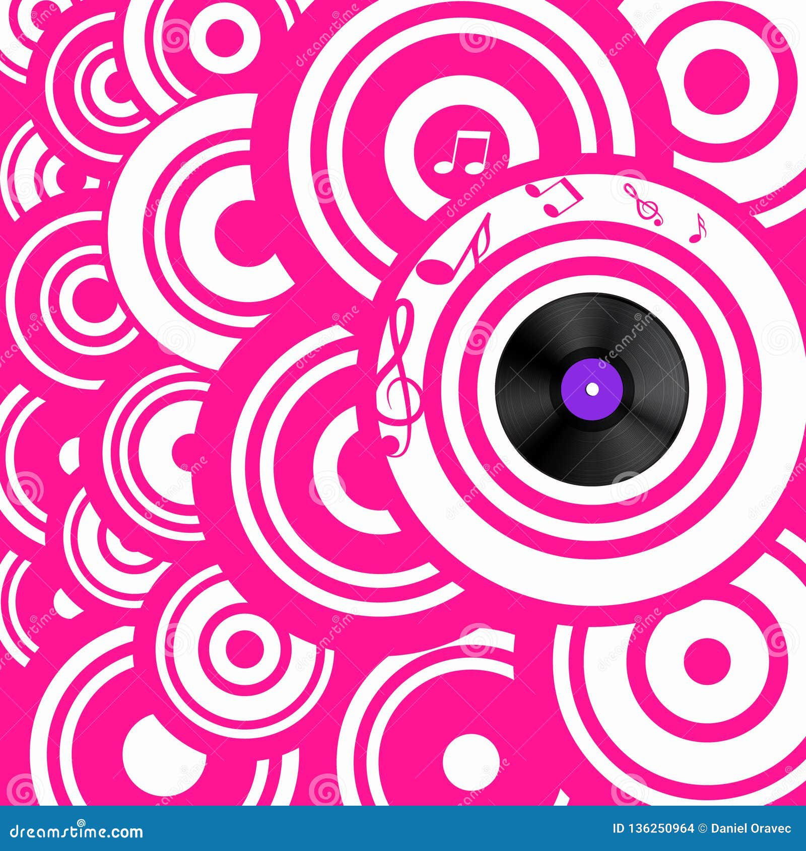 Psychedelic Pink Retro Music Background with Circles and Vinyl Record ...