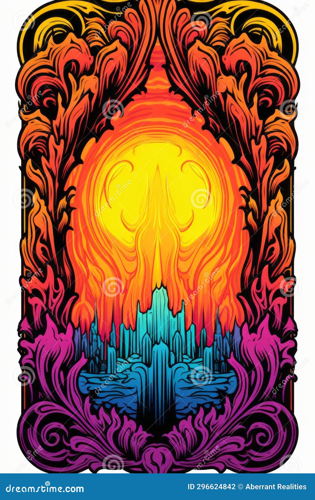 A Psychedelic Poster with an Image of a City in the Background Stock ...