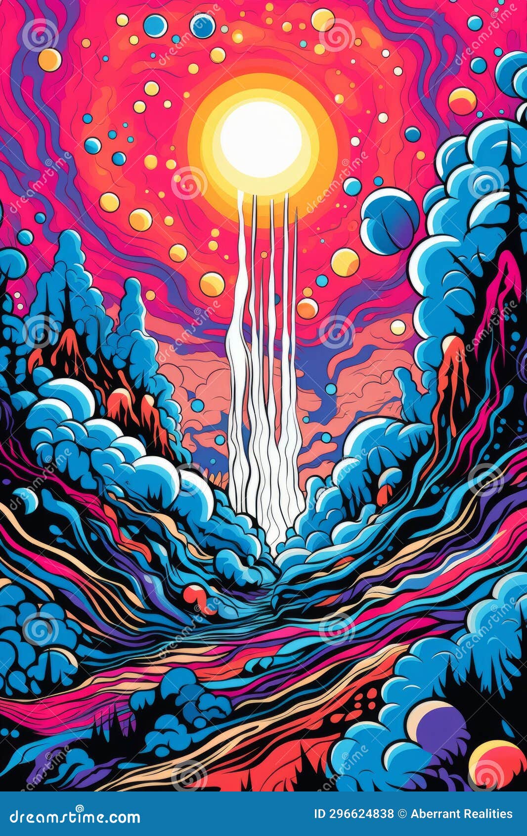 A Psychedelic Poster with a Sun and Clouds in the Sky Stock ...