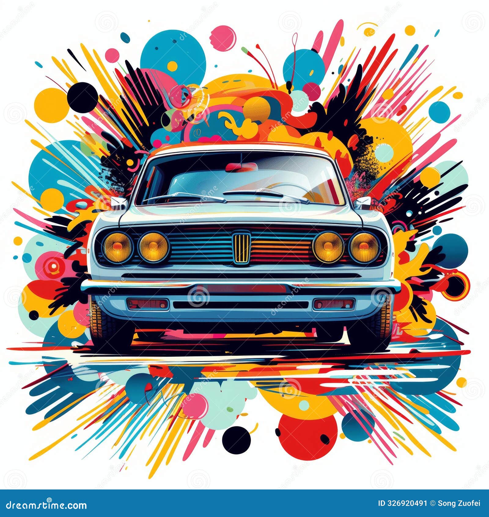 Psychedelic Retro Car Vector Illustration with Vibrant Colors on White ...