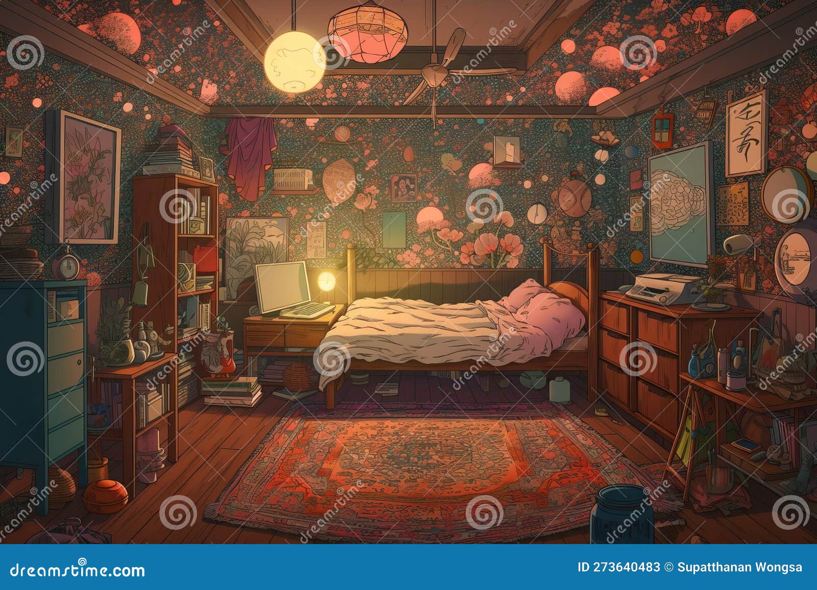 Psychedelic Retro Themed Room Stock Illustration - Illustration of blue ...