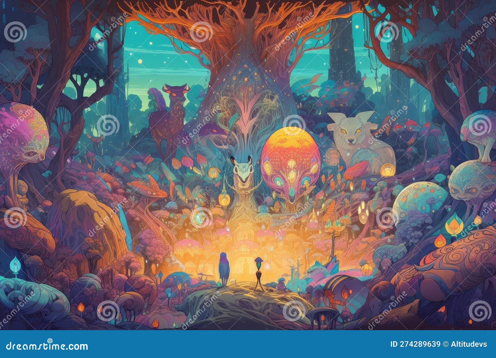 A Psychedelic Scene with Trippy Animals and Creatures Exploring a ...