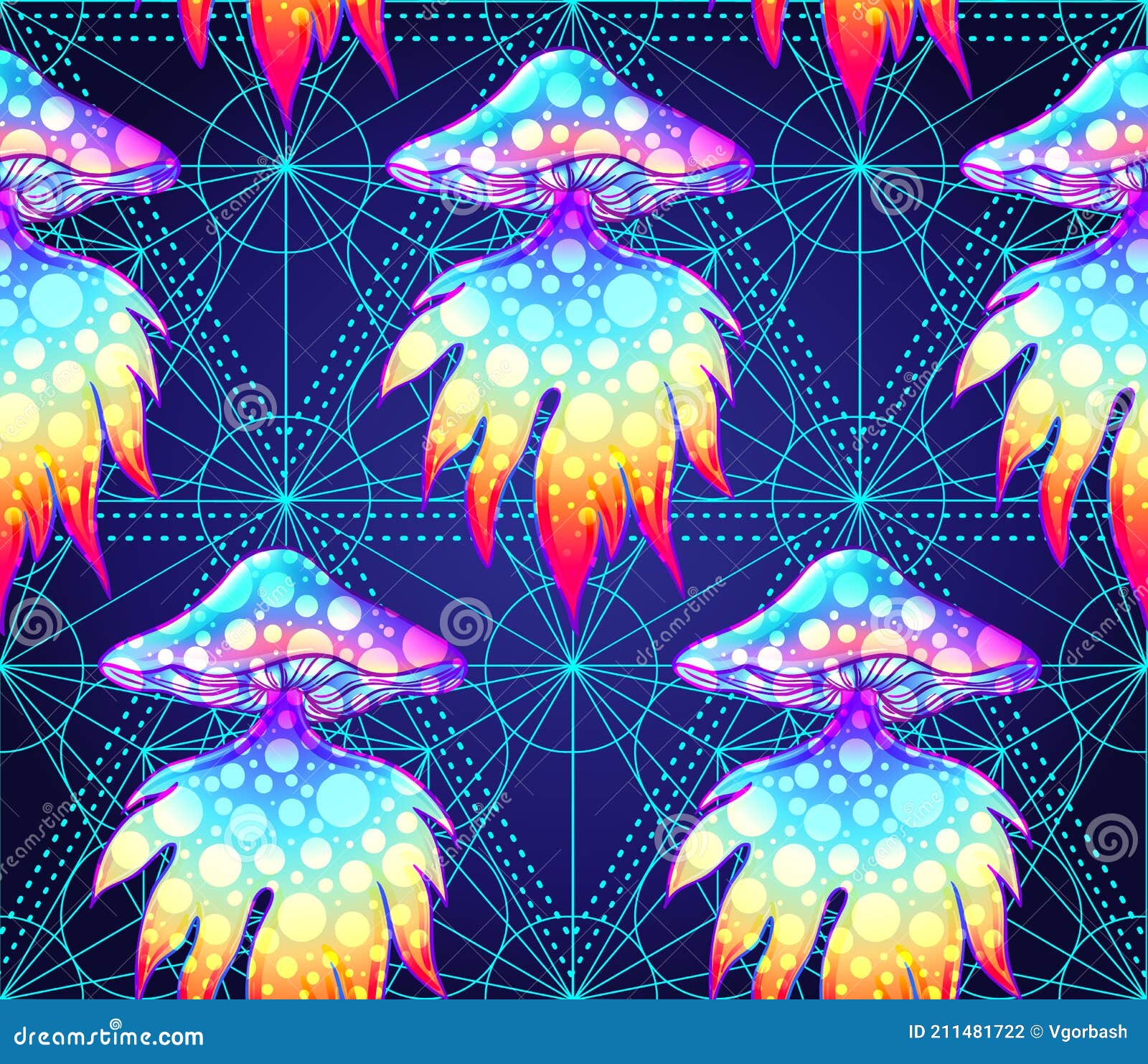 Psychedelic Seamless Pattern with Magic Mushrooms Over Sacred Geometry ...