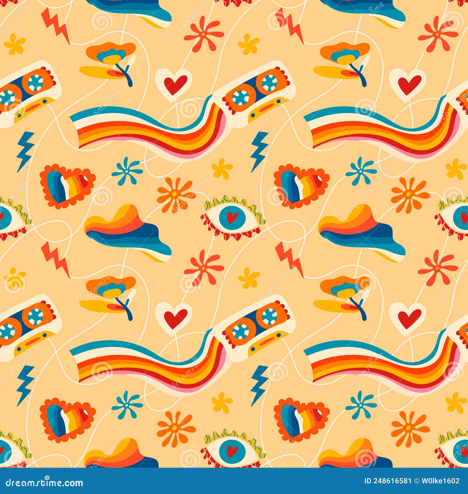Psychedelic Seamless Patterns in Retro 70s Style, Groovy Hippie ...