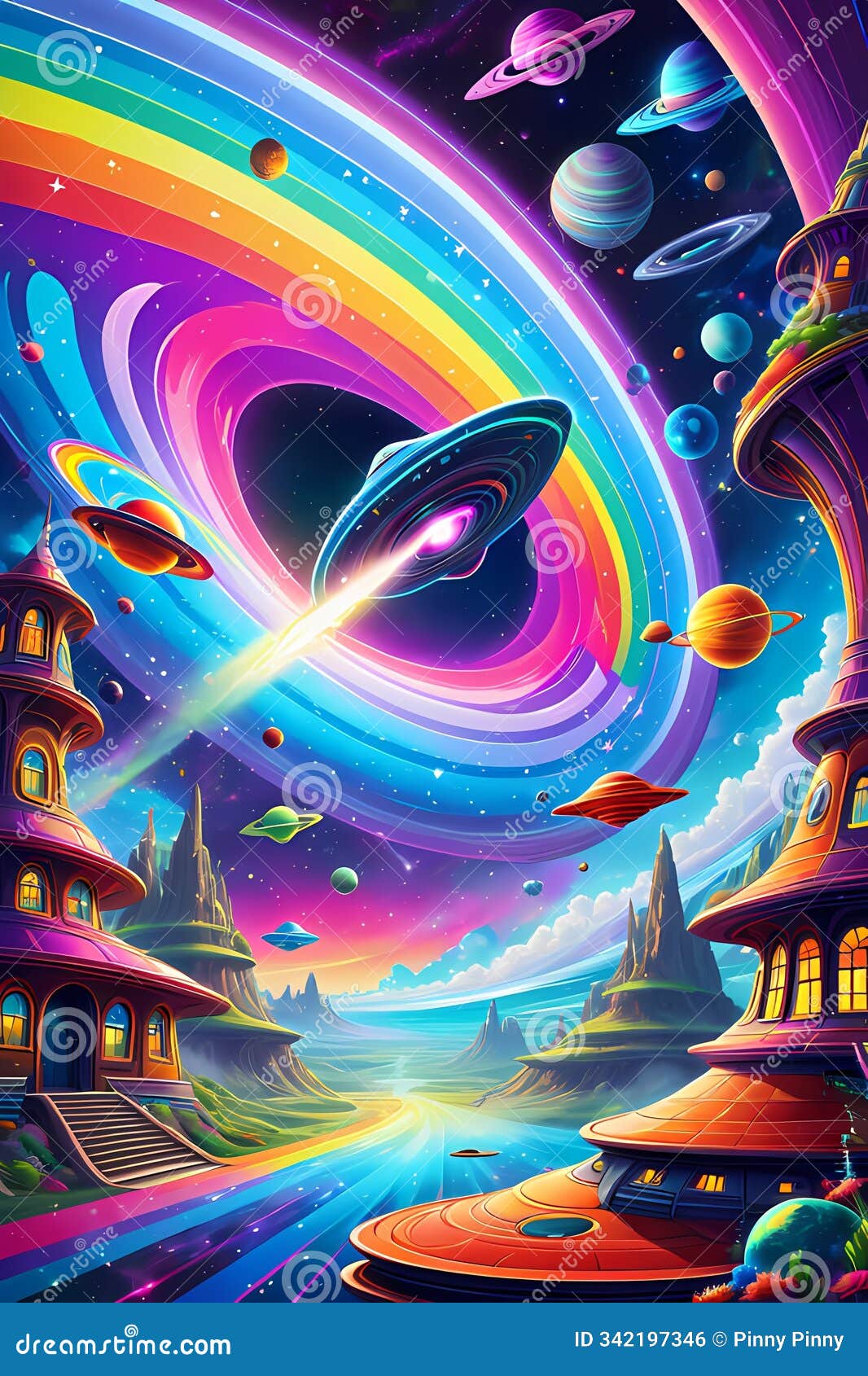 A Psychedelic Spaceship through a Rainbow Hued Wormhole, with Planets and Outer Space Landscape ...
