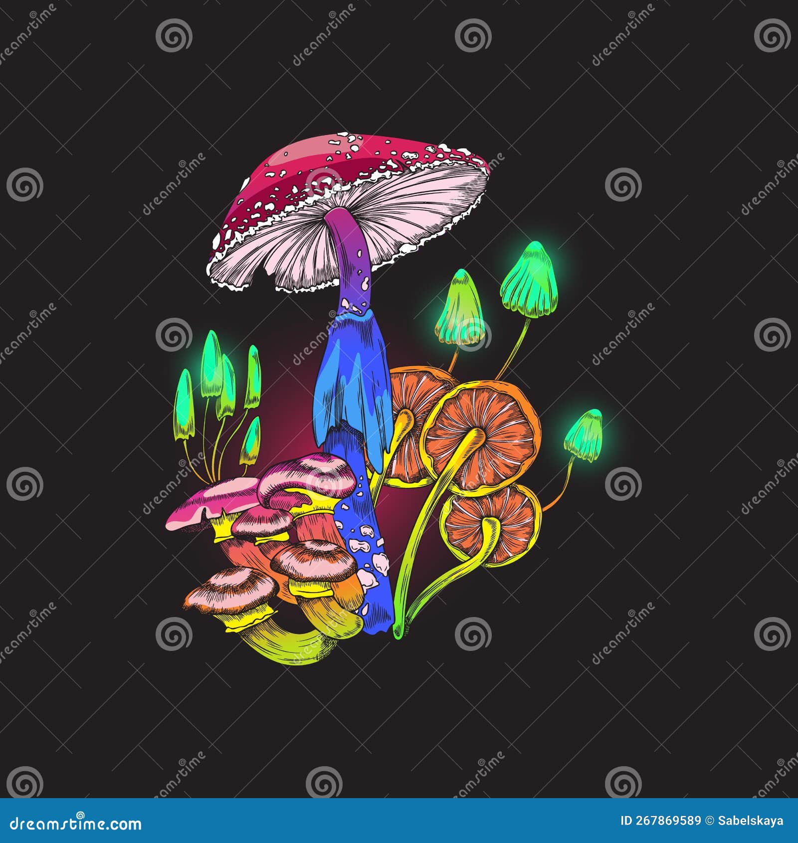 Psychedelic Toadstools and Fly Agaric Mushrooms Vector Illustration Isolated. Stock Vector ...