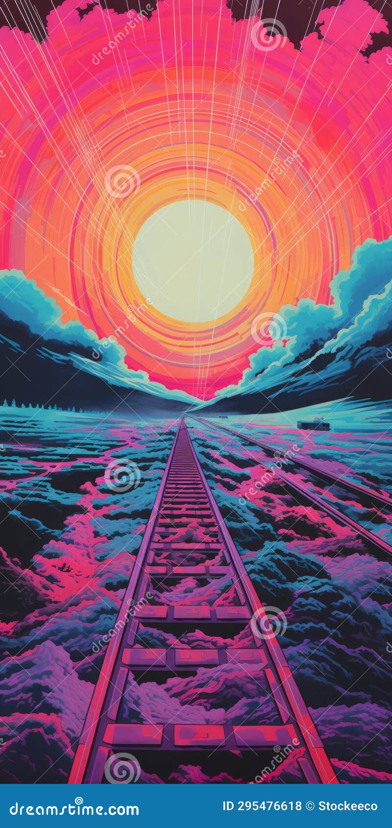 Psychedelic Train Set: Vibrant Sunrise with Intricate Land Art Stock ...