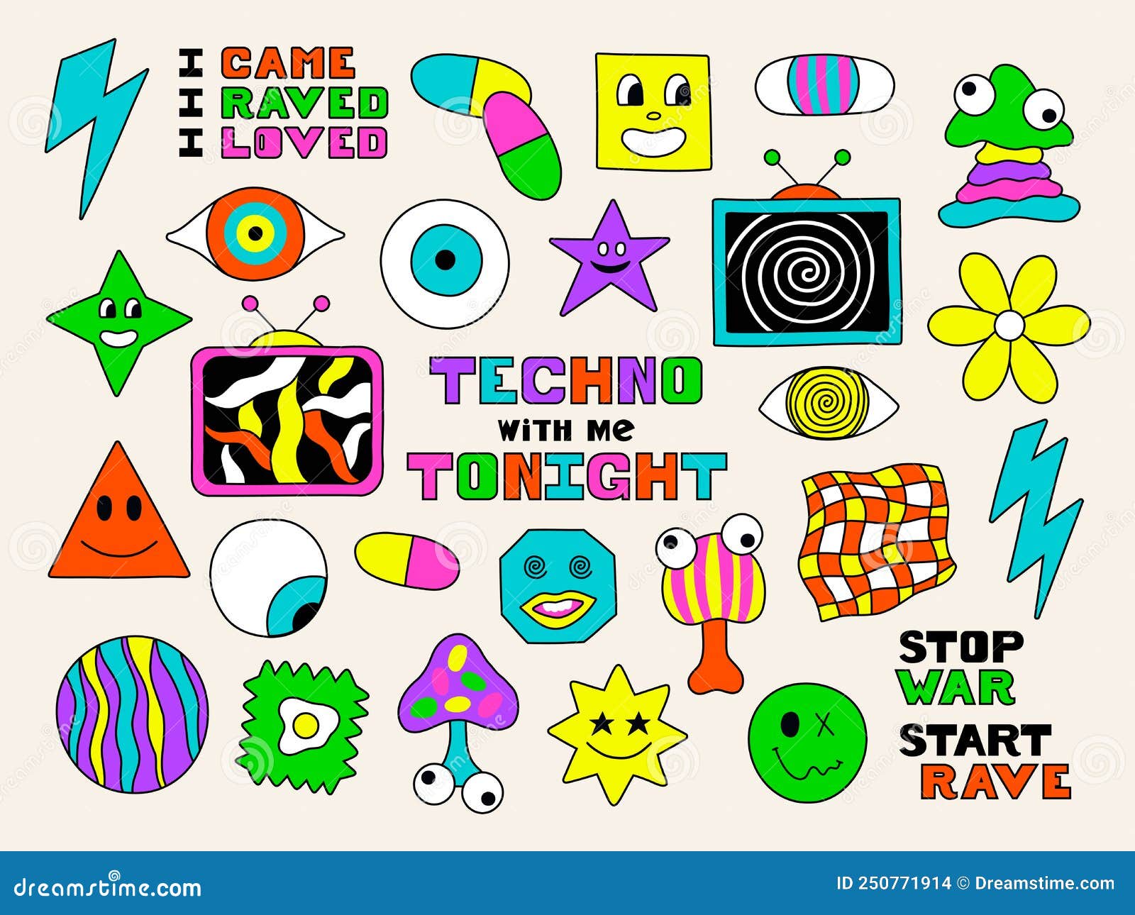 Psychedelic Trippy Acid Rave Large Set Trendy Abstract Characters