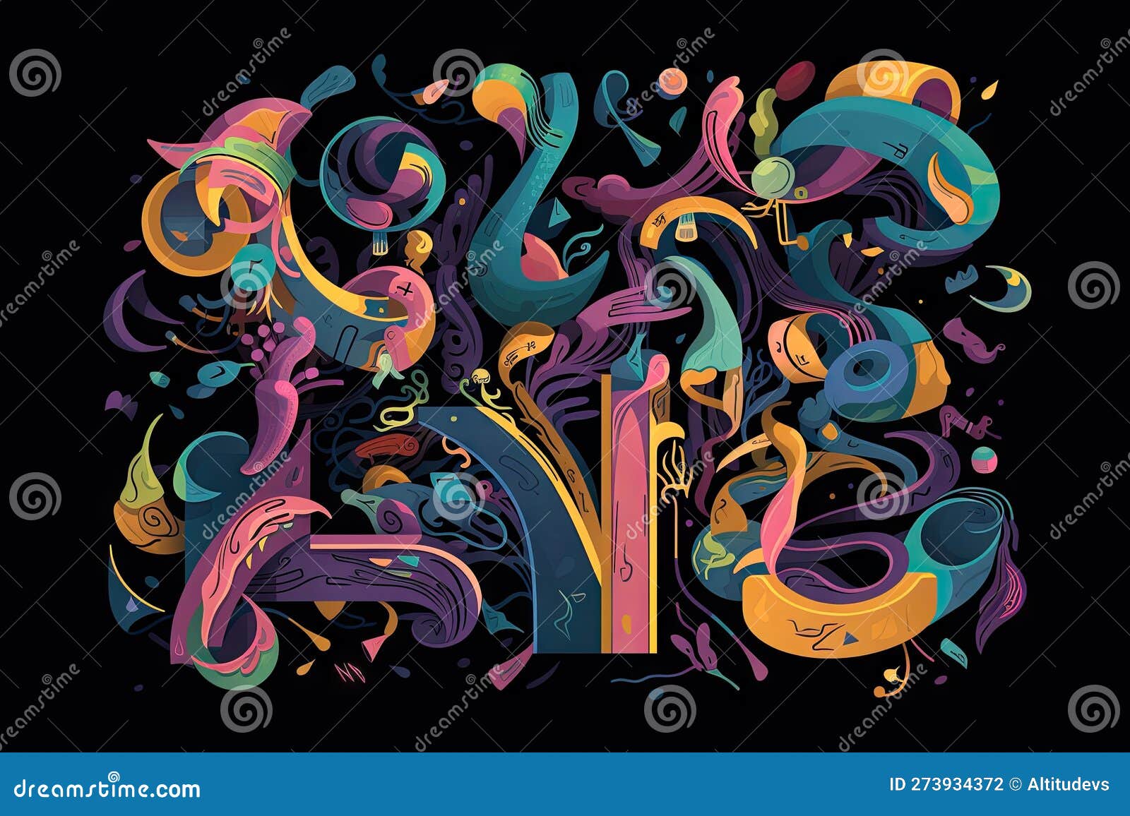Psychedelic Typography Illustration of Dancing Letters on a Dark ...