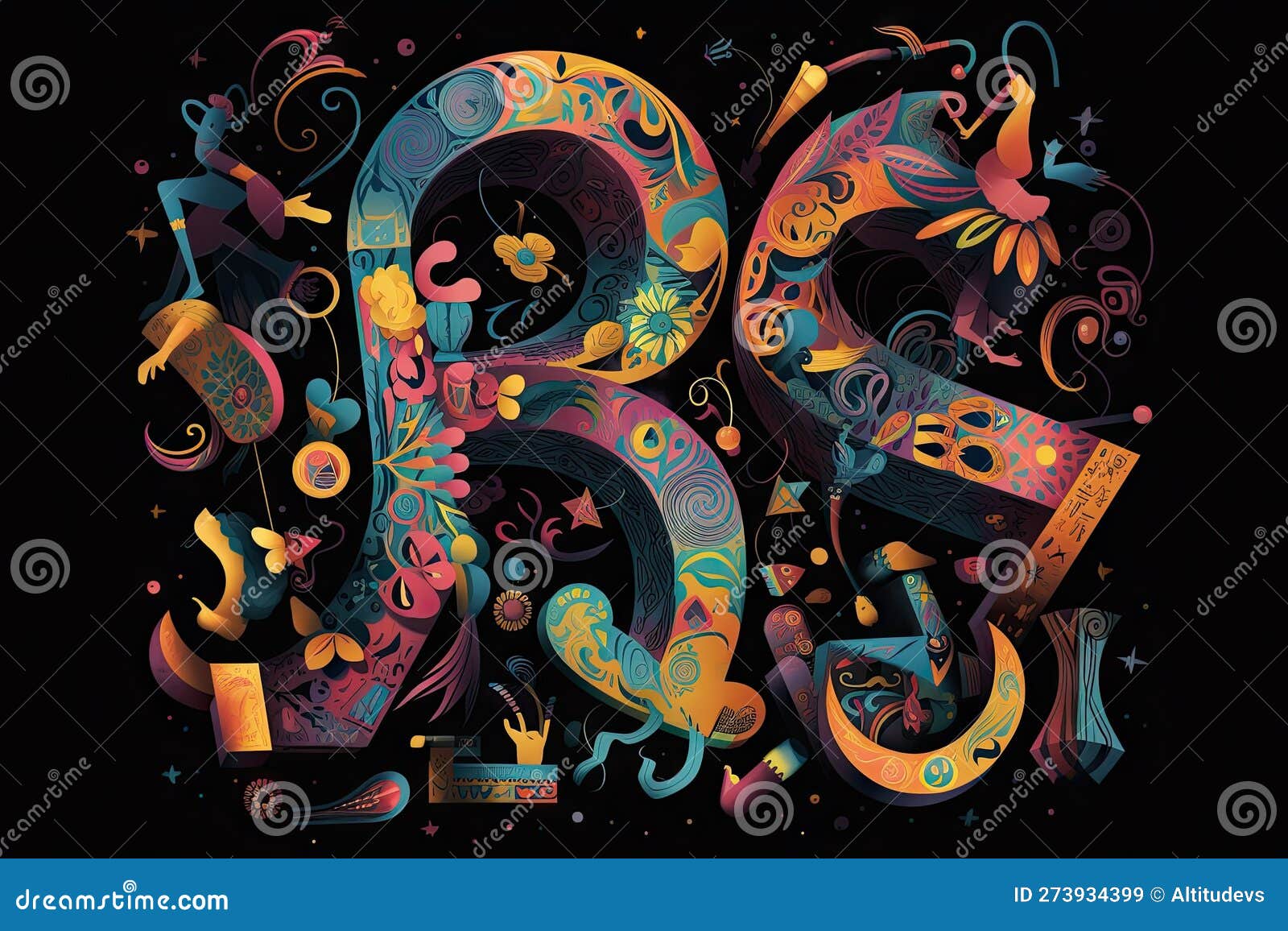 Psychedelic Typography Illustration of Dancing Letters on a Dark ...