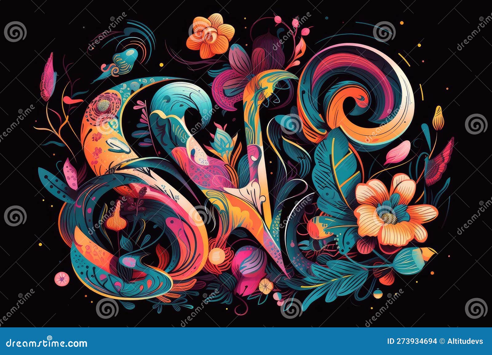 Psychedelic Typography and Lettering with Floral Elements Stock ...